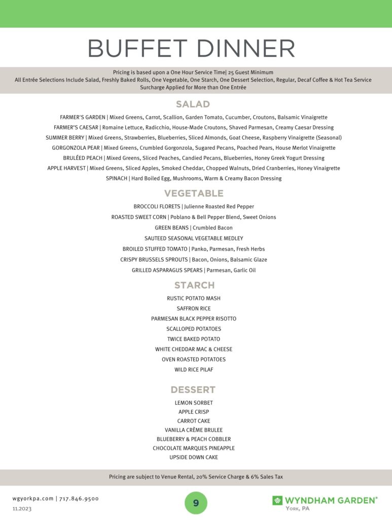 Menus – Wyndham Garden York