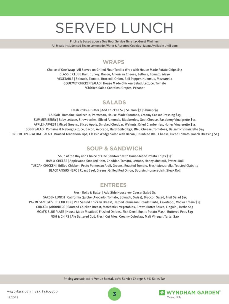 Menus – Wyndham Garden York